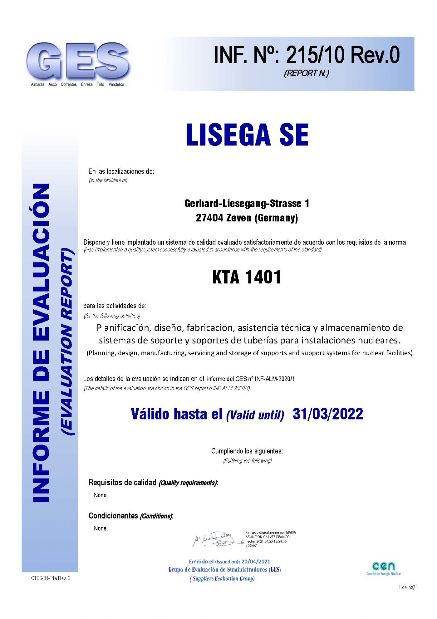 KTA 1401 (ES) - LISEGA SE : LISEGA SE