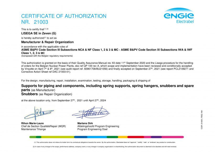 ASME III Div. I, Subs. NF Class1.23, MC, ASME XI - LISEGA SE : LISEGA SE