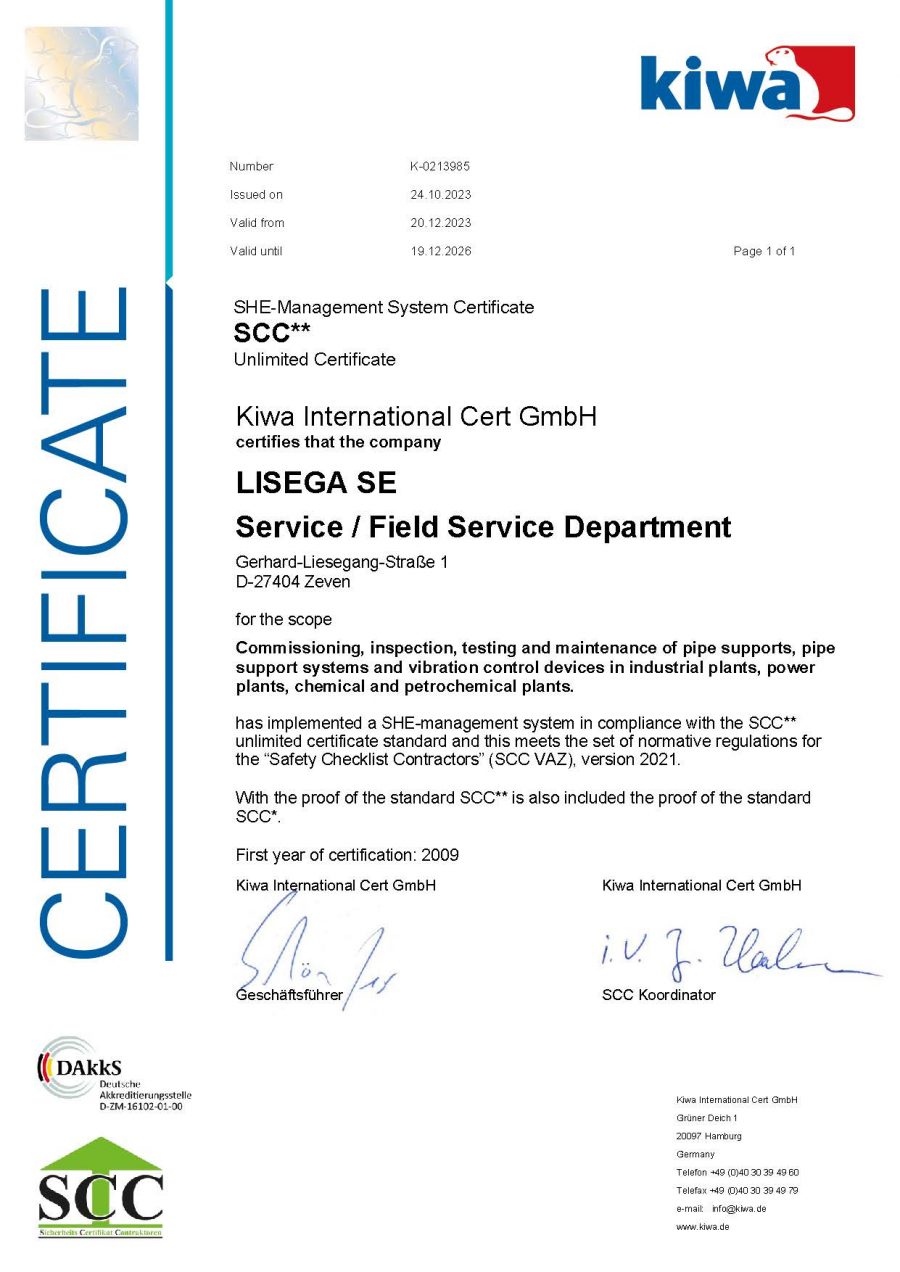 SHE-Management System Certificate SCC** - LISEGA SE : LISEGA SE